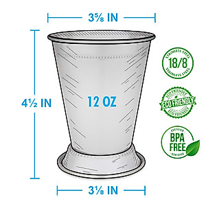 Mint Julep Cups: Stainless Steel Glasses, Set of 4, Metal 12 oz Cocktail Glasses, Party Supplies (4)