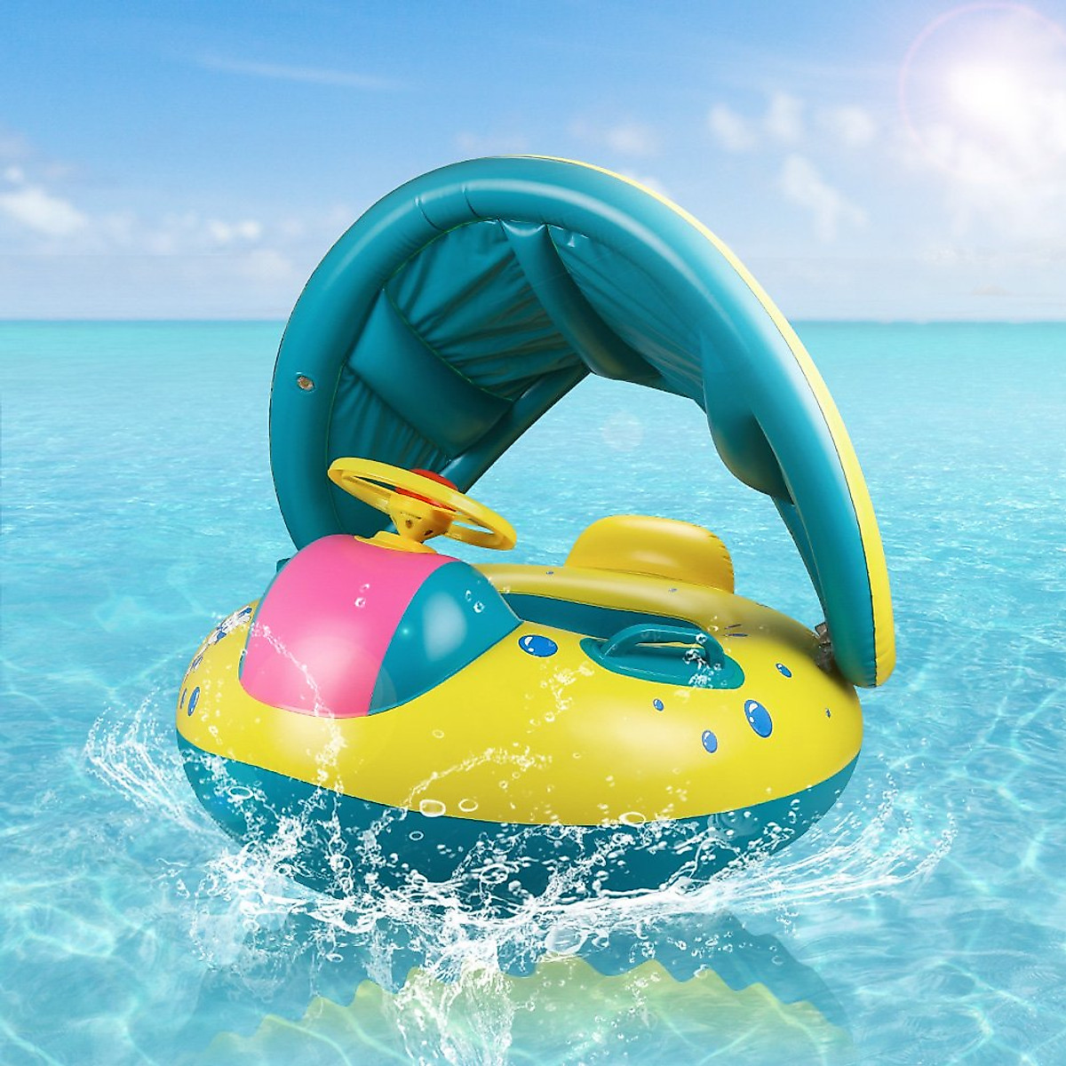 Baby Pool Float, Topist Baby Inflatable Swimming Ring with Adjustable Sun Shade CaBaby Pool Float, Rinopy Safety Seat for Age 6-36 Months Toddlers with Carry Bag