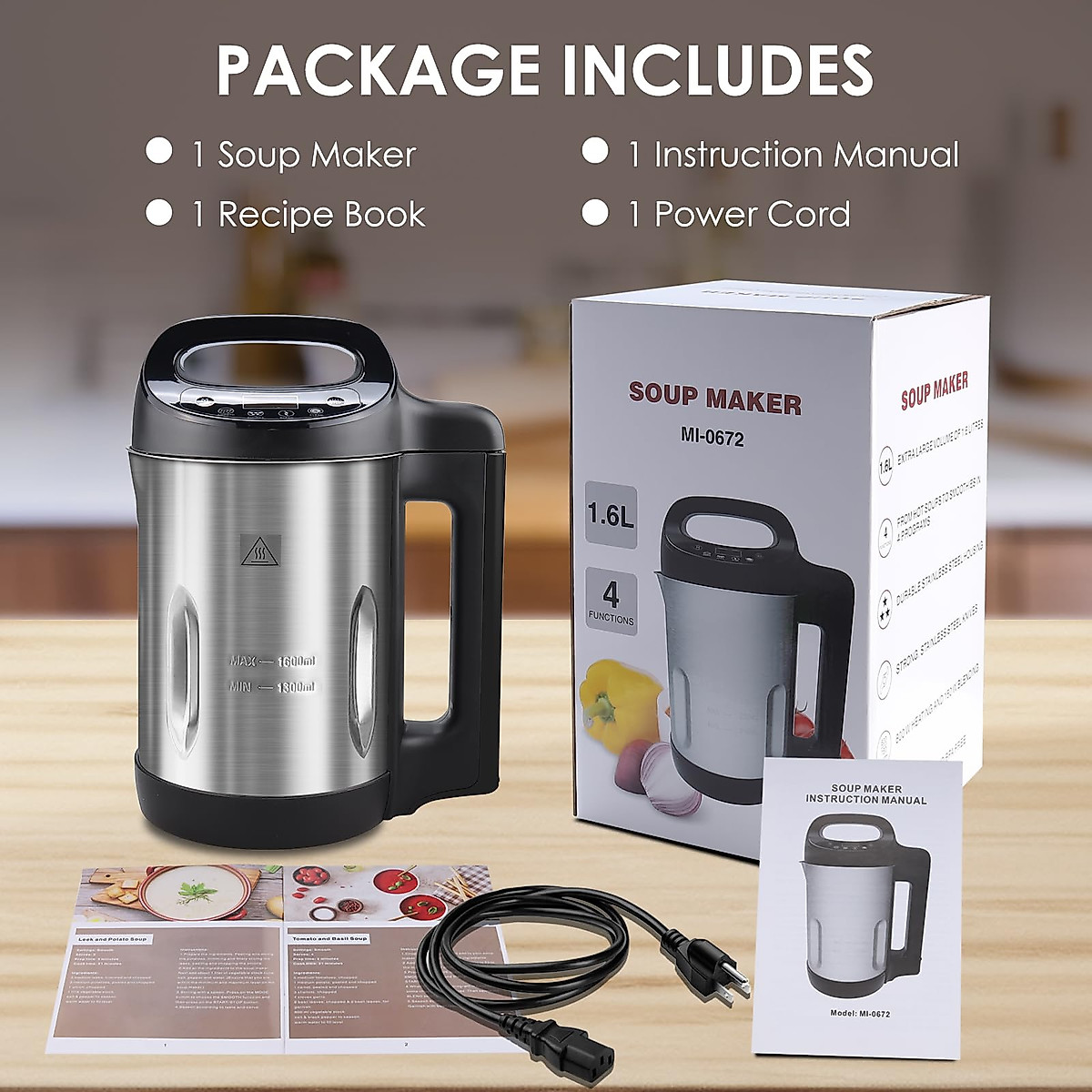 1.6L Soup Maker Machine, Stainless Steel Programmable Soup Maker with Smooth & Chunky Settings, Anti-Dry Burn, Overfill Sensors, and Self-Cleaning Mode for Quick Soups, Baby Food, and Home Use Black