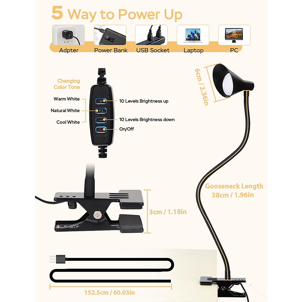 LiFMIRA Clip on Light USB Reading Light 3 Color Modes 10 Brightness Levels Eye Care Clamp Light Flexible Gooseneck Dimmable Reading Lamp Clip on Lamp for Bed Headboard Desk Bedside Dorm (Black)