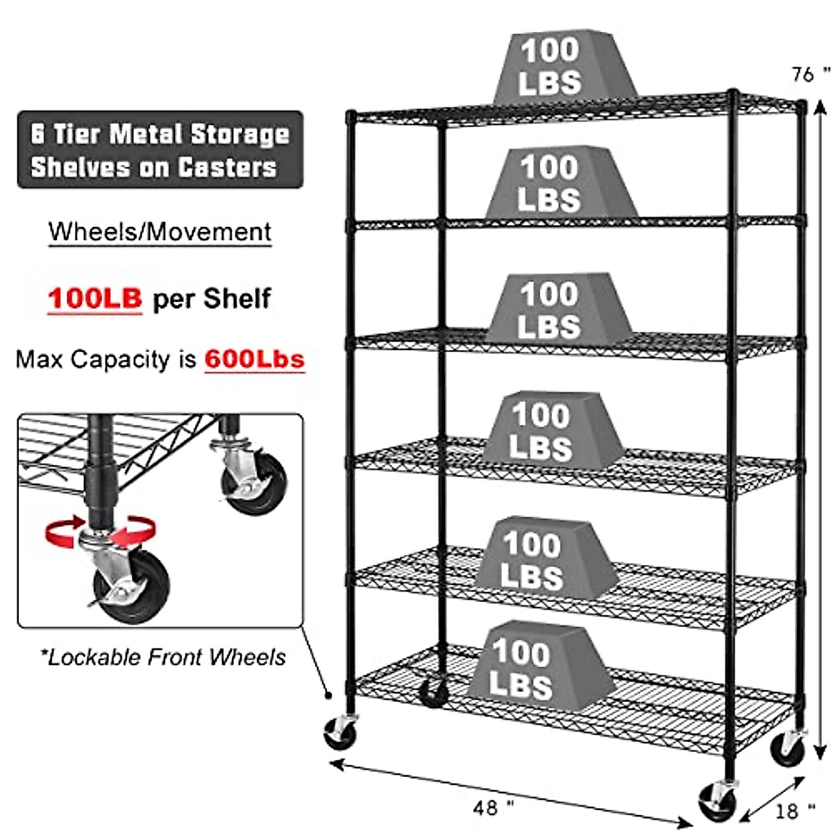 Dlewmsyic 6 Tier Storage Shelves, 5999 Lbs Capacity Metal Shelf with Wheels Height Adjustable NSF Certification 48" L×18" W×72" H Heavy Duty Wire Shelving Units for Garage Pantry Kitchen Rack, Black