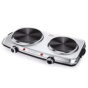 SUNAVO Hot Plates for Cooking, 1800W Electric Double Burner with Handles, 6 Power Levels Stainless Steel Hot Plate for Kitchen Camping RV Cast Iron