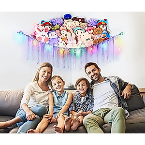 Stuffed Animal Net or Hammock with LED Light, Toy Hammock Hanging Stuffed Animal Storage Organizer Holder Room Décor with Tassels for Nursery Play Room Kids Bedroom (Purple)