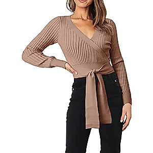 PRETTYGARDEN Women's Fashion Wrap V Neck Cropped Sweater Long Sleeve Solid Slim Fit Belted Pullover Ribbed Knit Sweater Tops(Small, Khaki)