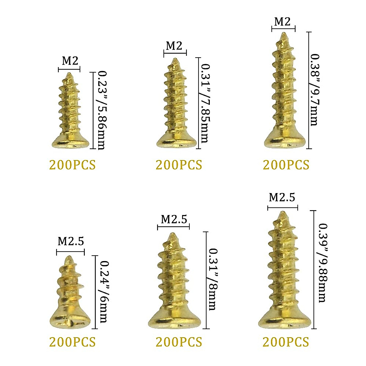 XINGYHENG 1200pcs 6 Kinds M2 M2.5 Gold-Plate Carbon Steel Flat Head Self Tapping Screw Stainless Cross Recessed Pan Head Screw Assortment Kit Collected in A Convenient Case