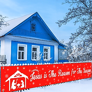 Nativity Christmas Sign Banner Jesus is the Reason for the Season Large Xmas Yard Sign Manger Scene Yard Sign Large Outdoor Jesus Christmas Decorations for Religious Christmas Decoration, 9.8 x 1.6 FT