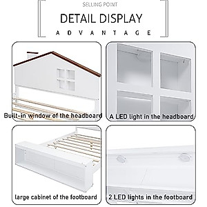 Harper & Bright Designs Full Bed Frames with House-Shaped Headboard, Wooden Kids Full Platform Bed Frame with LED Lights and Storage, Cute Single Full Led Bed for Girls Boys, White
