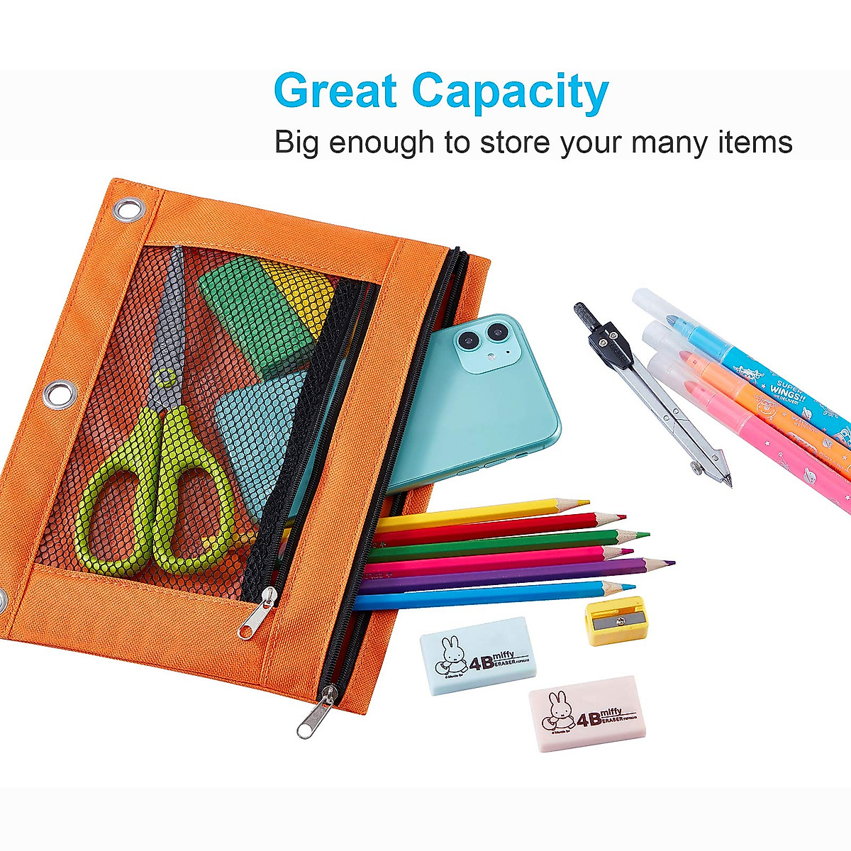 Sooez Pencil Pouch for 3 Ring Binder, 2 Pack Fabric Binder Pouch with 2 Pockets, Pencil Bags with Zipper and Reinforced Grommets, Pencil Cases for Binder