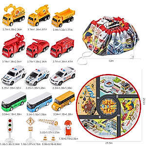 Toddler Toy Cars-Chibon 12pcs Die-Cast Pull Back Car Set with 2 in 1 Collapsible Toy Cars Storage Playmat for Kids,Toddler Truck Toys w/Fire Truck, Excavator，Construction Trucks