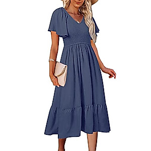 MEROKEETY Women's V Neck Smocked Midi Dress Ruffle Sleeve Elastic Waist Flowy Dress with Pockets, Dustyblue, M
