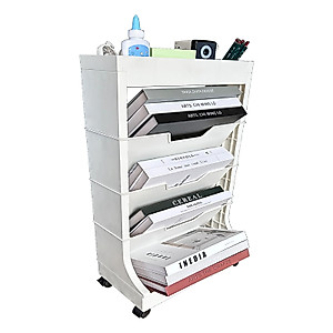 Drcoevo 5 Tier Rolling Book Utility Cart, Removable Movable Bookshelf Organizer with Wheels, Storage Book Shelves, Book Rack, Mobile White Bookcase for Study in Classroom Home School Office