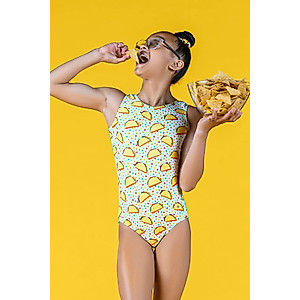 Destira Taco the Town Girl's Gymnastic Leotard With Solid Green Teal Back, Ultra-Soft Leo With Matching Scrunchie, Child Medium (8)