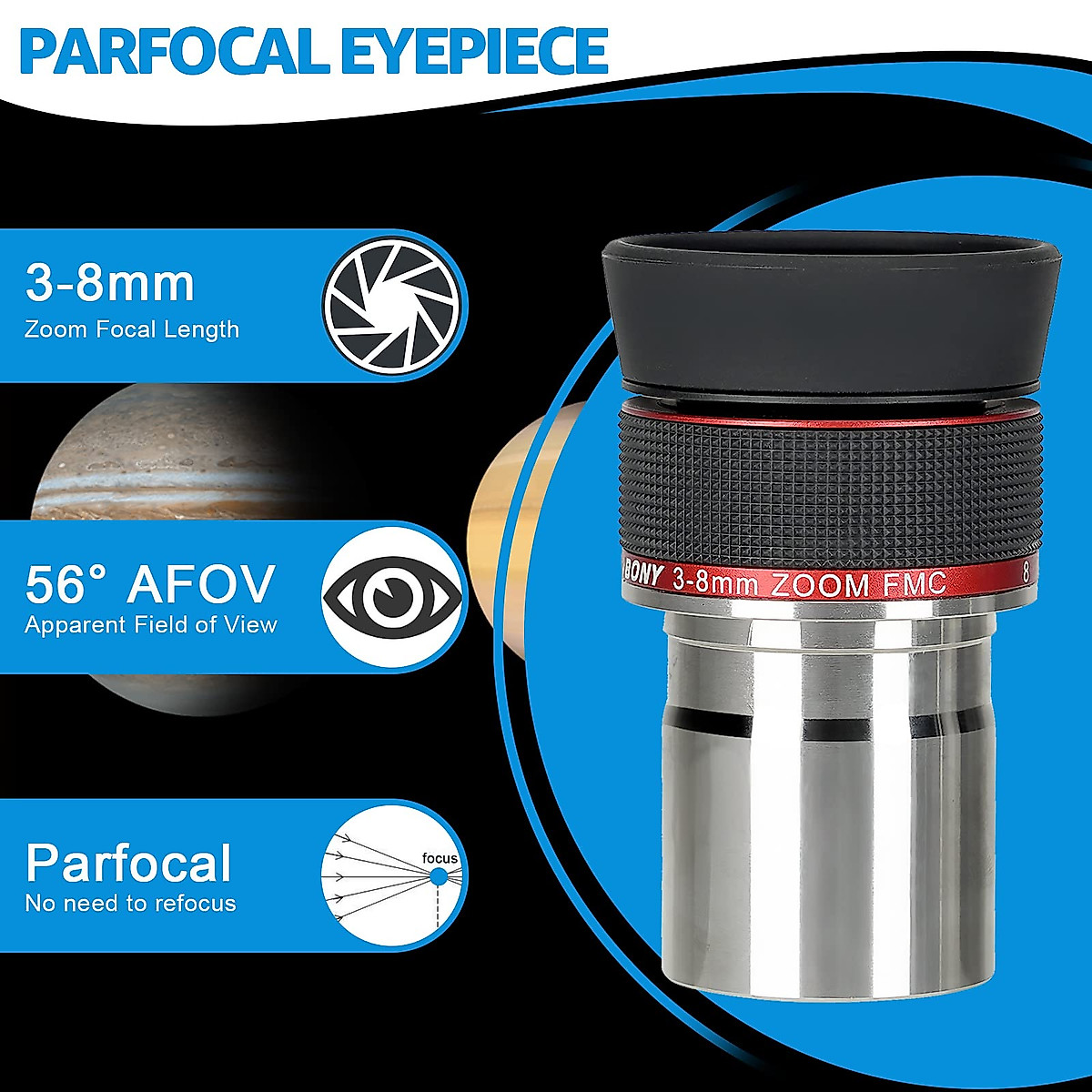 SVBONY SV215 Zoom Eyepiece, 1.25 Inch Zoom Lens, 3mm to 8mm Eyepiece with Parfocal Design, Telescope Accessory for High Power Lunar and Planetary Observing