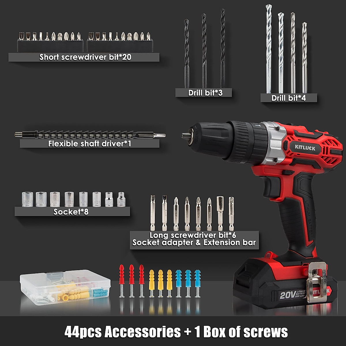 Cordless Drill Set, 20V Power Drill Kit with 2 X 2.0AH Battery, 44pcs Drill/Driver Bits, 1 Box Screws, Bubble Level, 3/8'' Chuck Electric Drill, 32NM, 21+3 Position, 2 Variable Speed