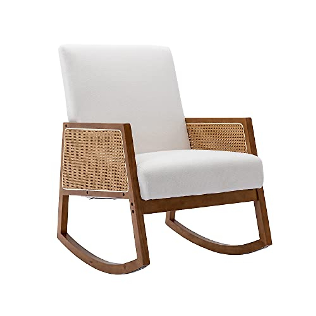 QQU Modern Rocking Chair, Linen Nursery Glider Rocker with Padded Seat Solid Wood Base, Comfy High Back Arm Chair for Living Room, Bedroom, Baby Room (Beige)