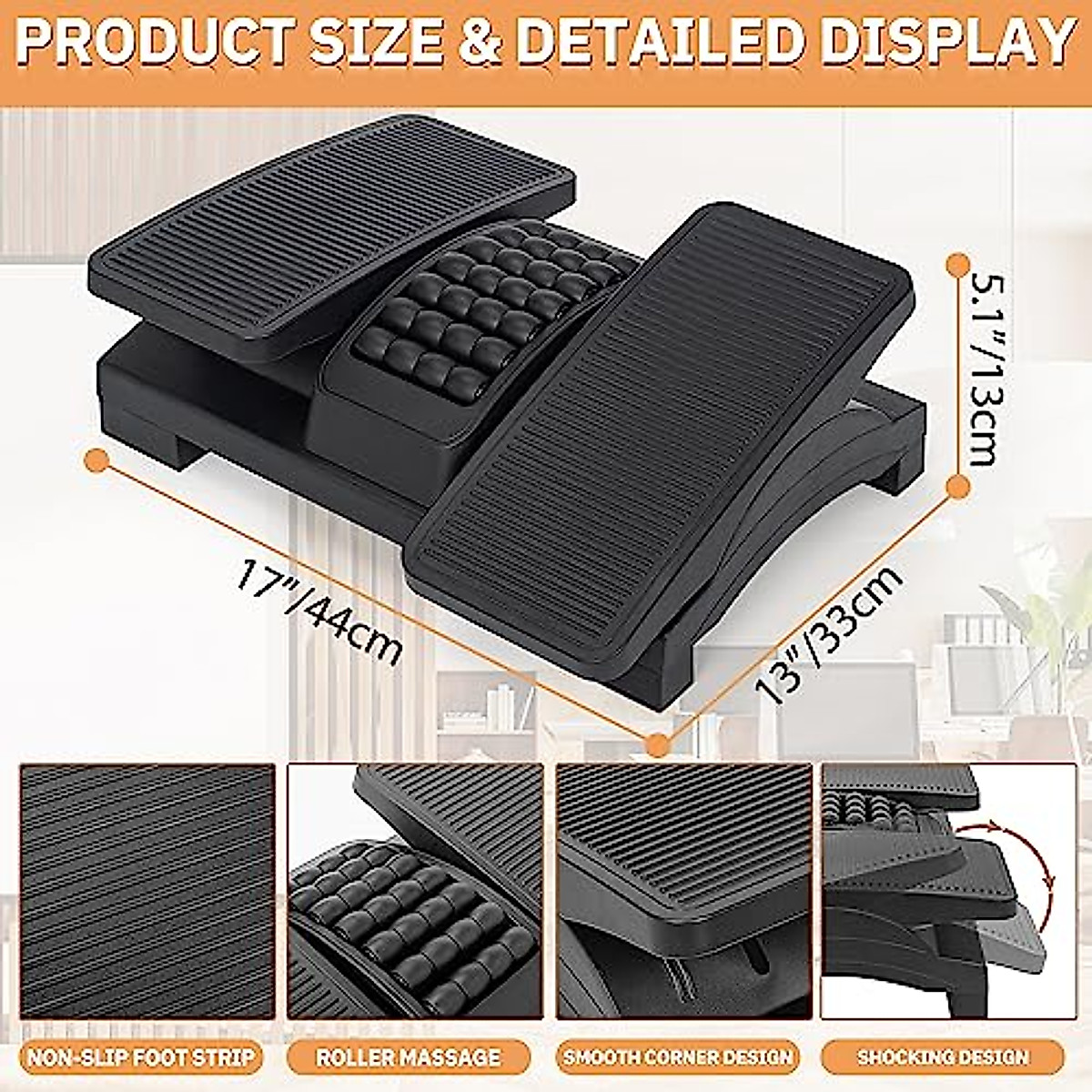 Footrest Under Desk Adjustable Pressure Relief Footrests with Massage Roller Ergonomic Foot Rest for Home, Office Use