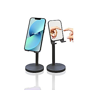 KN FLAX Cell Phone Stand with Mirror Mobile Phone and iPad Holder for Desk with Adjustable View Angle & Height, Handsfree Smart Phone Cradle, Dock for Office Kitchen Traveling Accessories - Black