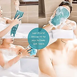 S&R PLKOP Exfoliating Body Scrubber Set -Exfoliating Glove,Back Scrubber and Shower Loofah for Women and Men Shower(3 Pack, Green)