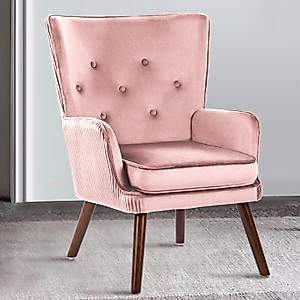 Bekrvio Velvet Accent Chair, Modern Wingback Armchair with High-Back, 4" Thick Seat Cushion, Velvet Upholstered Single Sofa Chair for Living Room Bedroom Reading Vanity Chair Club Arm Chair (Pink)