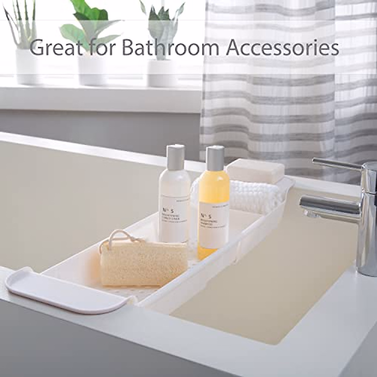Bath Bliss Expandable Bathtub Caddy | Non-Slip | Over The Tub | 21-27 inch | Tub Tray | Bathroom Storage and Organizer | Shelf | Hold Soaps and Towels | White