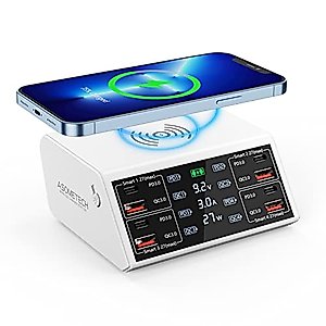 USB Charging Station, 100W 8-Port Charging Station for Multiple Devices with 4 QC3.0+4 USB C PD Ports, Wireless Charger, Multi Fast Charging Hub USB C Charging Station for iPhone,Samsung, iPad