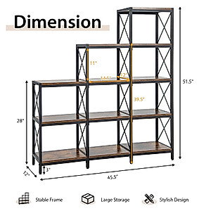 Tangkula 9 Cubes Bookshelf, 5-Tier Stepped Bookcase w/Carbon Steel Frame, Anti-Tipping Kits & Adjustable Foot Pads, 12 Shelves Storage Open Display Shelf for Home Office (9-Cube, Brown)