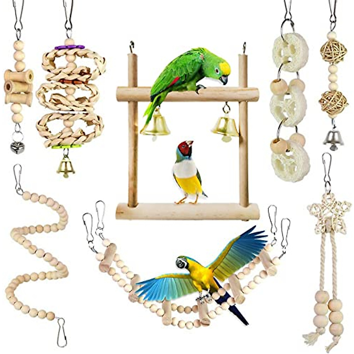 8 Pcs Bird Toy Parrot Swing Chewing Toys- Hanging Wooden Swing Chewing Toy Bells, Ladder Swing for Small Parrots, Macaws, Parakeets, Conures, Cockatiels, Love Birds (011)