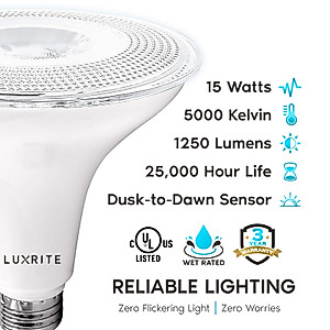 LUXRITE Dusk to Dawn PAR38 LED Bulb, 90W Equivalent, Automatic On Off Sensor, 5000K Bright White, 1250 Lumens, Wet Rated, Outdoor Security Spotlight, UL Listed, E26 Base (2 Pack)