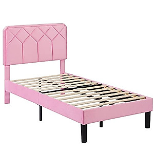 VECELO Twin Size Bed Frame Premium Leather Upholstered Platform with Height Adjustable Headboard/Mattress Foundation, Solid Wooden Slat Support, No Box Spring Needed/Easy Assembly