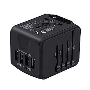 International Travel Adapter Universal Power Adapter Worldwide All in One 4 USB with Electrical Plug Perfect for European US, EU, UK, AU 160 Countries (Black)