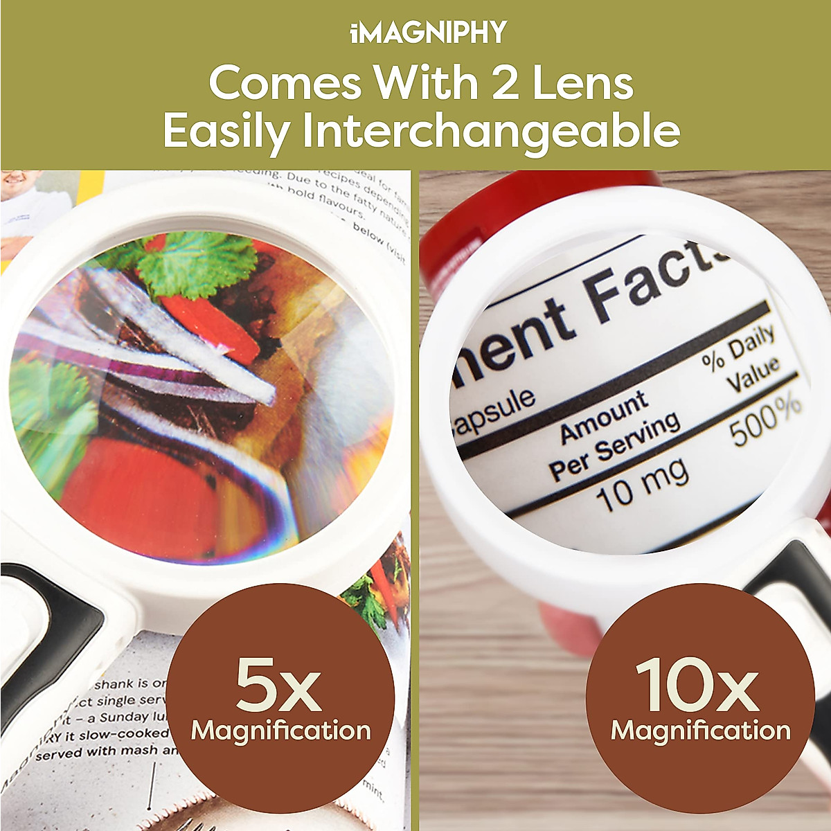 iMagniphy Powerful Magnifying Glass with Light- Senior Citizen Gifts- 5X & 10X Handheld Magnifying Glass with 2 Interchangeable Lenses- Lighted Magnifier for Seniors with Macular Degeneration