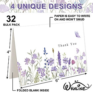 Whaline 32 Pack Purple Floral Thank You Cards Wildflower Greeting Cards with Envelopes Stickers Blank Note Cards for Wedding Bridal Baby Shower Birthday, 4 x 6 Inch
