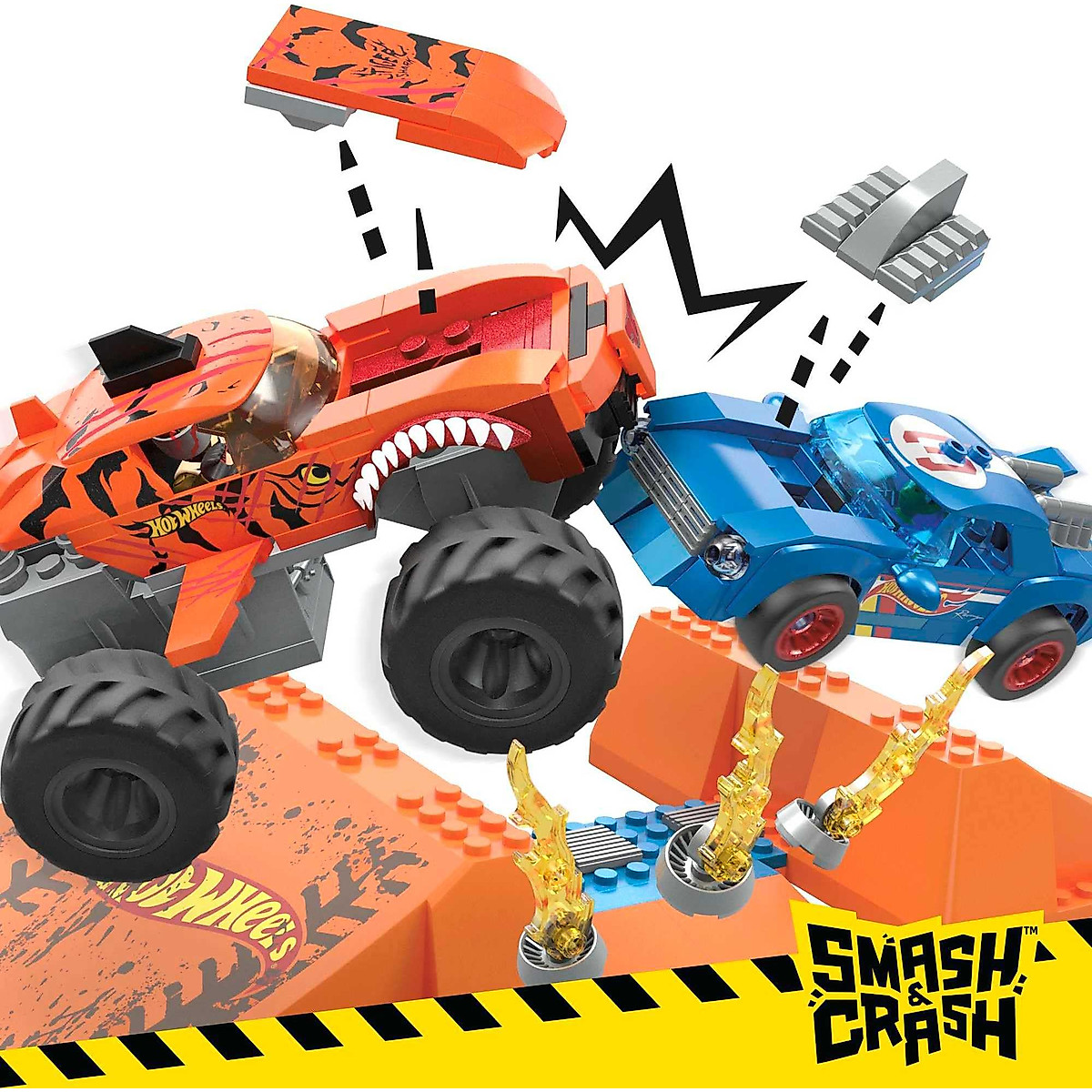 MEGA Hot Wheels Monster Trucks Toy Building Set, Smash & Crash Tiger Shark Chomp Course with 245 Pieces, 2 Micro Figure Drivers, Orange, Age 5+ Years