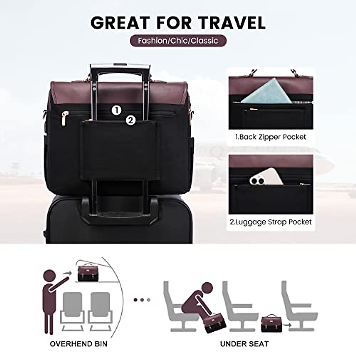 LOVEVOOK Laptop Bag for Women, 15.6 inch Large Capacity Computer Briefcase Case, Crossbody Messenger Shoulder Bag, Office Business Work Tote Bags Purse for Travel Gifts, Deep Plum-black