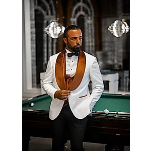 Wangyue Men's 3 Piece Suit Slim Fit Jacquard Tuxedo One Button Shawl Collar Velvet Suits Double Breasted Suits White-Dark Green Size 34