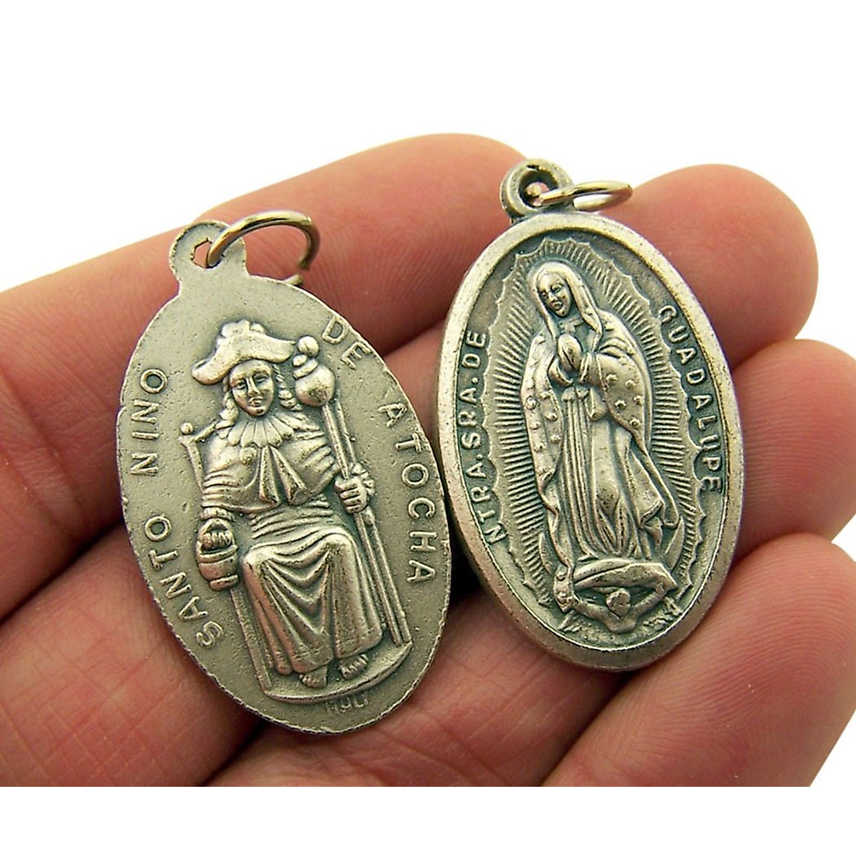 Religious Gifts Silver Toned Base Our Lady of Guadalupe Santo Nino de Atocha Two Sided Medal Pendant, 1 3/8 Inch