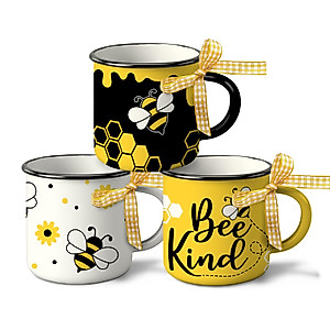 Paayna Bumble Bee Themed Spring Summer Mini Coffee Mug Set of 3, Bee Kind Honey Beehive Mini Coffee Cups for Tiered Tray Decor, Farmhouse Kitchen Coffee Bar Decorations Inspirational Housewarming Gift