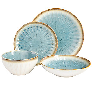 Gibson Elite Mayfair Bay Embossed Double Bowl Dinnerware Set, Service for 4 (16pcs), Blue