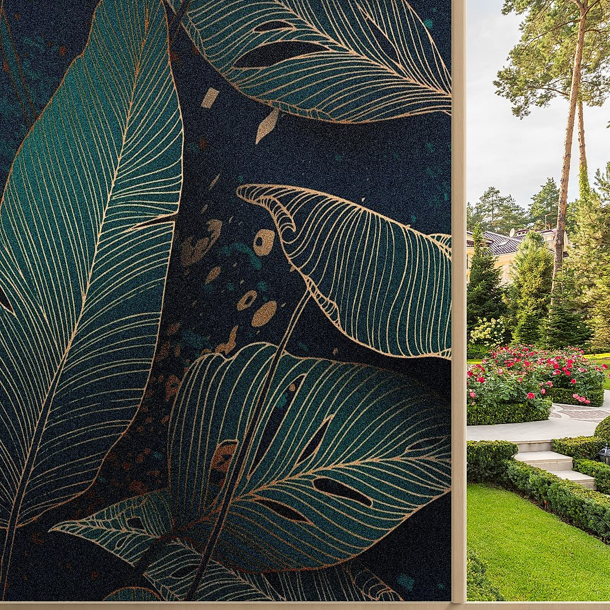 BoeHiop Window Privacy Film, Luxury Gold Green Palm Leaves Frosted Window Clings, Decorative Glass Covering Decals, Non-Adhesive Vinyl, 17.7 x 23.6 in