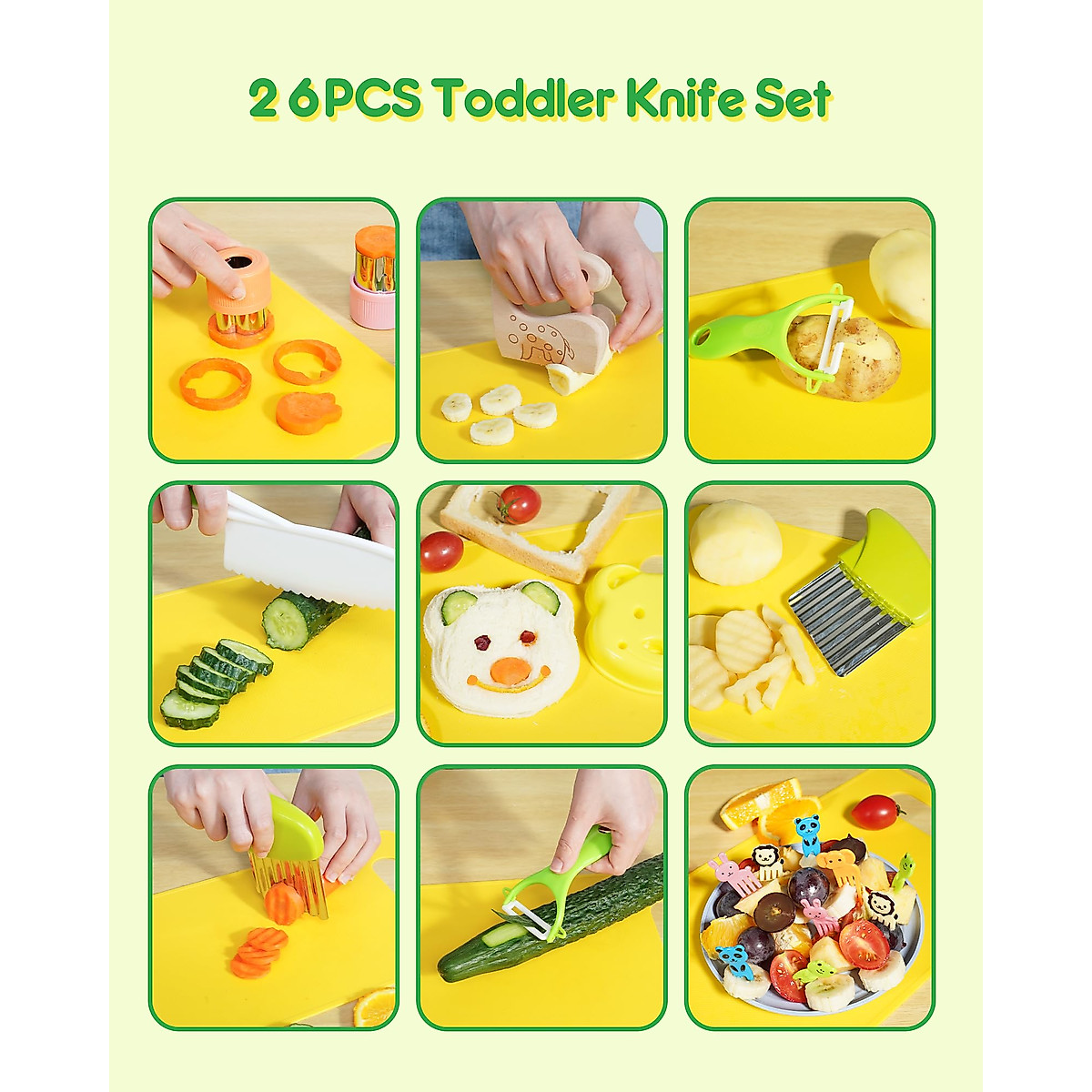 26 Pcs Kids Knife Set, Montessori Kitchen Tools for Toddlers' Real Cooking, Toddler Knife Set Includes Crinkle Cutters Kid Safe Knives Cutting Board Peeler, Kitchen Tools for 4+ Year Old Girl Boy