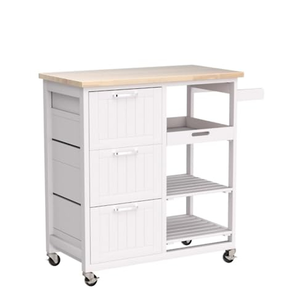 NSdirect Kitchen Island Cart,Industrial Kitchen Bar&Serving Cart Rolling on Wheels Utility Storage Trolley with 3-Tier Wine Rack Shelves&Three Storage Drawers,Soild Rubber Wood Top,White