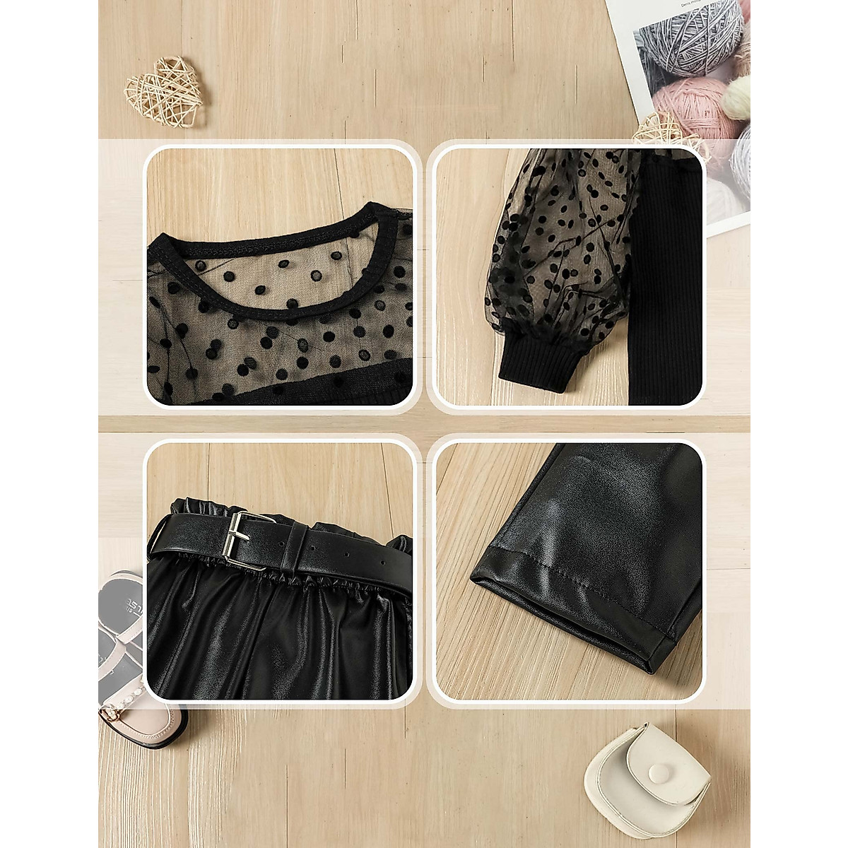 Fommy Toddler Girl Clothes, 5-6T Girls Clothes Mesh Puff Long Sleeve Top + PU Leather Pants 2Pcs Girls Outfit Set