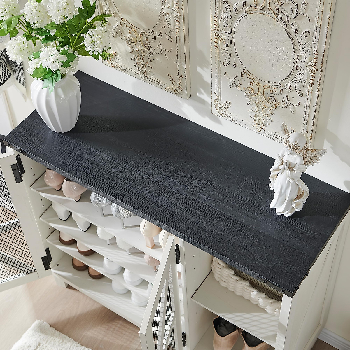 ACCOHOHO Farmhouse Shoe Cabinet, Large Shoe Storage Cabinet with Metal Accents & Adjustable Shelves, Industrial Wood Shoe Organizer Cabinet, Rustic Shoe Rack Cabinet for Entryway, Off White