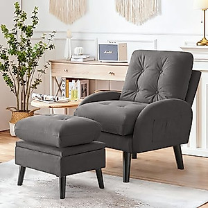 SENYUN Accent Chair with Ottoman, Comfy Living Room Chair and Storage Ottoman Set, Adjustable Extra-Thick Padded Backrest & Side Pocket, Lazy Sofa Chair for Bedroom