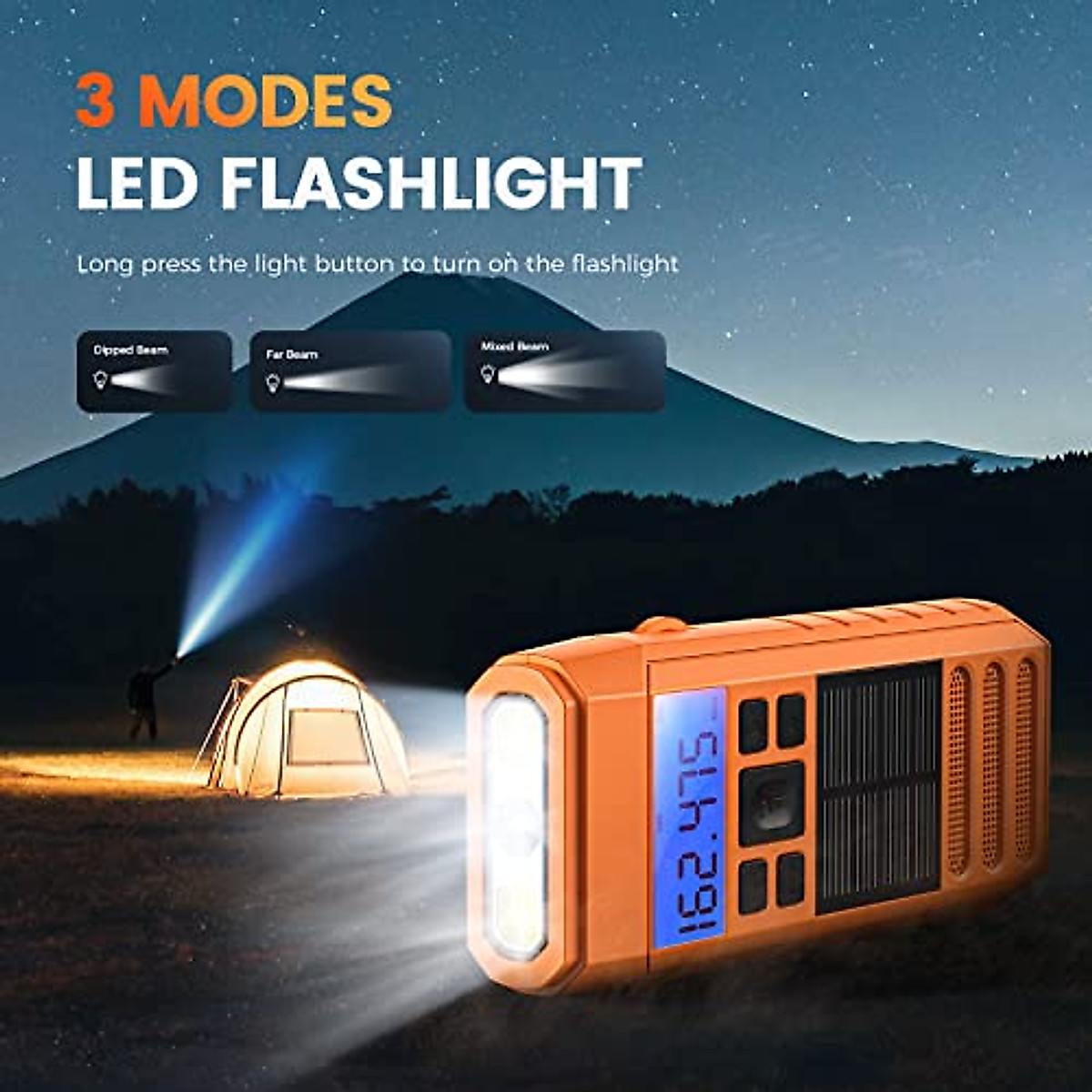 Emergency Weather Radio, 2000mAh Rechargeable Battery, LED Flashlight, Hand Crank Radio with Solar Panel, AM/FM/NOAA Alert, Power Bank/SOS Alarm/LCD Screen/Elastic Strap, Survival Kits/Camping Gear