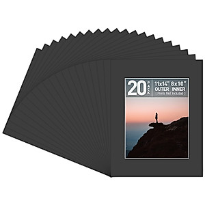 Golden State Art, Pack of 20 11x14 BLACK Picture Mats with White Core Bevel Cut for 8x10 Pictures