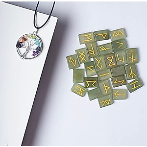 BEZAVO Green Jade Rune Stones with Pendant Silver Ring, 25 pcs Rune Stone with Engraved Elder Futhark Chakra Runes Crystal Set, Viking, Divine Meditation Witchcraft Reiki Supplies Gift for Home Decor