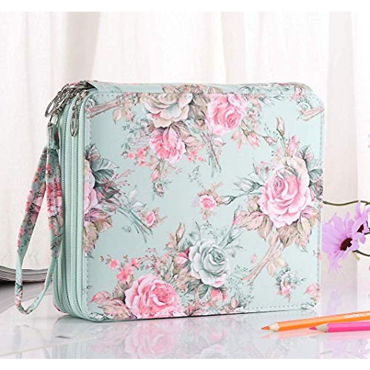 Shulaner 120 Slots Colored Pencil Case with Zipper Closure Large Capacity Green Rose Oxford Pen Organizer Flower Pencil Holder for Artist