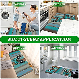 Turquoise Kitchen Mats for Floor Cushioned Anti Fatigue 2 Piece Set Kitchen Runner Rugs Non Skid Washable Wooden Plank Butterfly