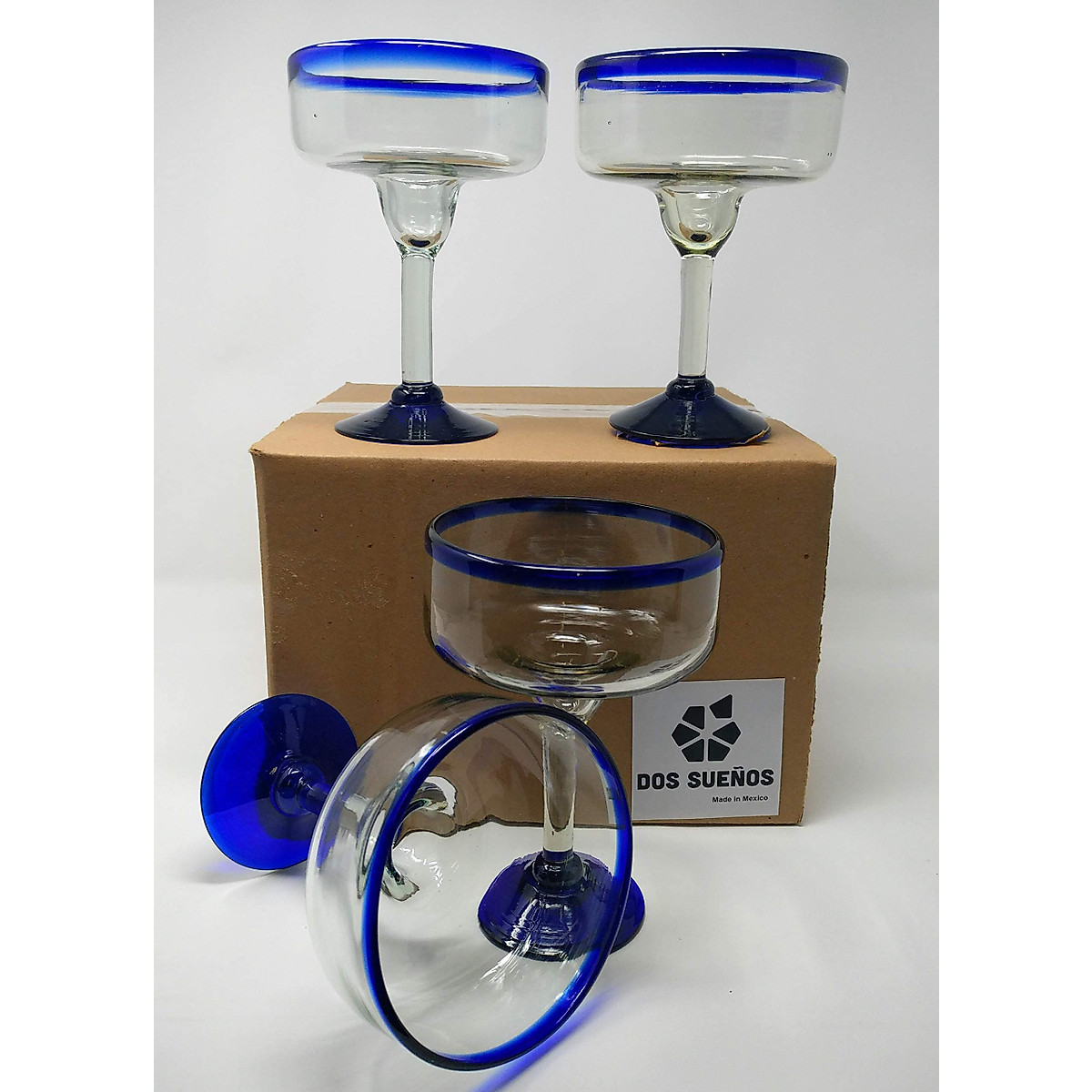 Dos Sueños Mexican Hand Blown Glass - Set of 4 Hand Blown Margarita Glasses - Cobalt Blue Rim (16 oz)